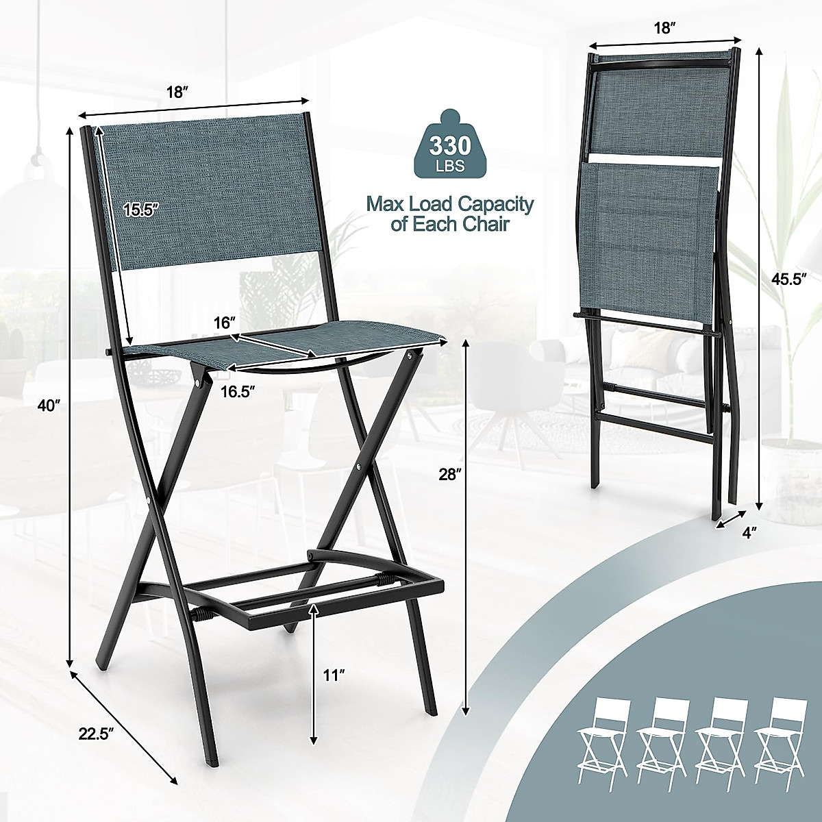 Giantex Folding Patio Bar Chairs Set of 4, Outdoor Counter Height Bar Stools with Footrest & Back, All-Weather Textilene, Metal Frame, for Porch Deck Lawn Garden, Light Blue