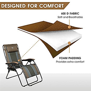 TIMBER RIDGE Outdoor Reclining Patio Padded with Adjustable Headrest and Cup Holder Foldable Zero Gravity Lawn Chair XL for Adults, Support up to 350 LBS, Brown,1 Count