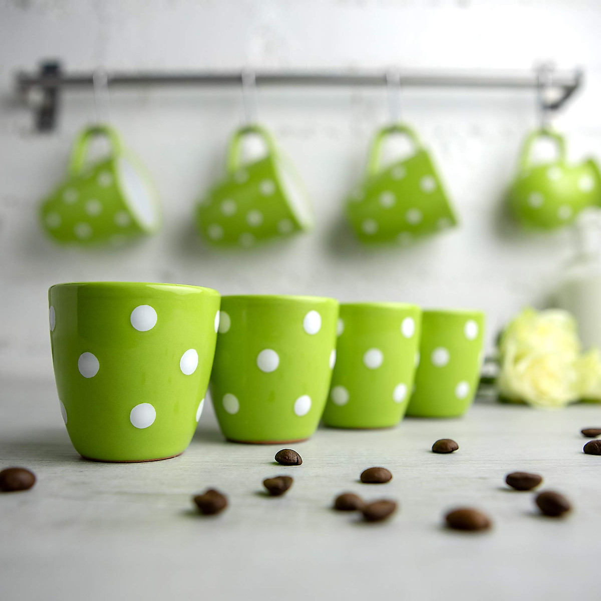 City to Cottage Handmade Lime Green and White Polka Dot Ceramic 2oz/60ml | Espresso Cup Set of 4, Unique Designer Pottery for Coffee Lovers