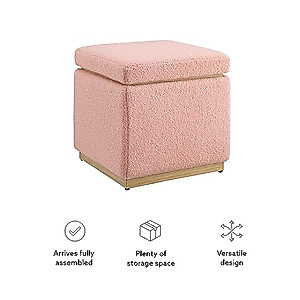Linon Blush Sherpa Lexington Upholstered Square Storage Ottoman with Pine Wood Accent