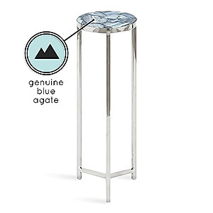 Kate and Laurel Aguilar Modern Round Drink Table, 8 x 8 x 23, Blue and Silver, Small Accent Table for Use as Plant Pedestal Stand with Agate Stone Tabletop