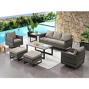 HUMMUH 3-Piece Patio Swivel Chairs,PE Wicker Outdoor Rocking Chairs Bistro Set with Side Table Porch Balcony Furniture with Cushions