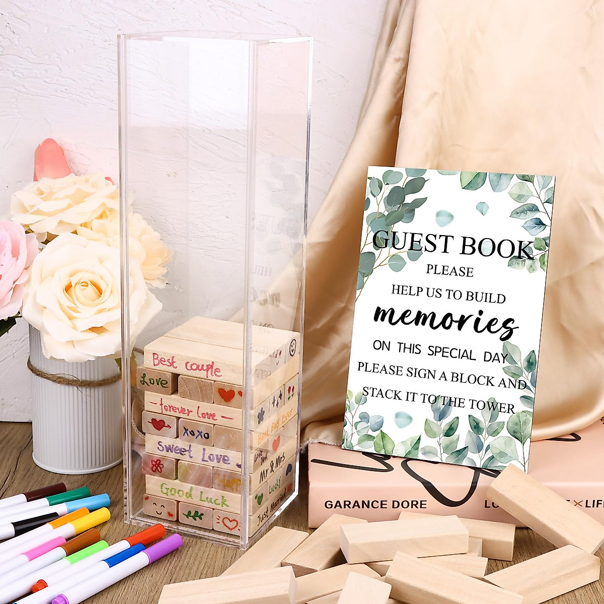 CosCosX 86 Pcs Wedding Guest Book Alternative Wooden Block in Acrylic Storage Box Guest Book for Wedding Sign in,24 Pcs Signature Pens Wedding Bridal Baby Shower Game Decorations for Sign in,Reception