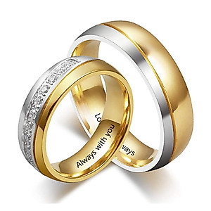 Molywoo Personalized Couple Ring Bands for Women Men Couple Wedding Rings Set for Him and Her Stainless Steel Engagement Promise Mens Women’s Rings (Couple Ring Set-Gold)
