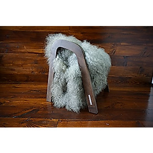 MILABERT Oak Wood Magazine Rack with Genuine Silver Norwegian Pelssau Sheepskin Rug - Soft Curly Wool - Design Furniture (MR11)