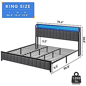 BTHFST King Size Bed Frame with LED Light Headboard, USB Ports & Outlets, Upholstered King Platform Bed Frame with Channel Tufting Design, Upgraded 2-Row Mid-Beams, Dark Grey