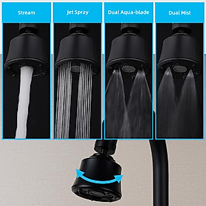 iFealClear Sink Faucet Aerator, Big Angle Swivel Faucet Sprayer Head, 360 Degree Kitchen Sink Faucet with 4 Spray Modes, Female and Male Thread Adapters Included, Matte Black