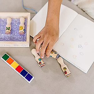 Melissa & Doug Happy Handles Wooden Stamp Set: 6 Stamps and 6-Color Stamp Pad - Kids Stamp Packs With Washable Ink, Easy To Hold Stampers For Kids Ages 4+