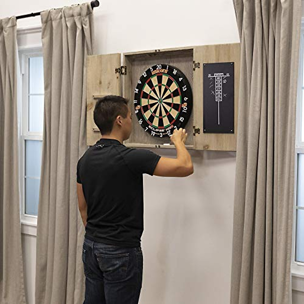 American Legend Barnwood Dartboard Cabinet with Wheat Finished Barn Style Doors - Dartboard Not Included