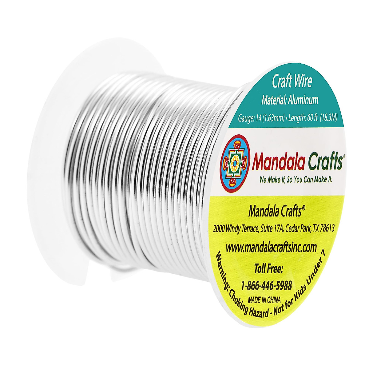 Mandala Crafts 14 Gauge Anodized Aluminum Craft Wire for Jewelry Making - 60 FT Colored Flexible Silver Wire - Bendable for Bonsai Armature Crafting Sculpting