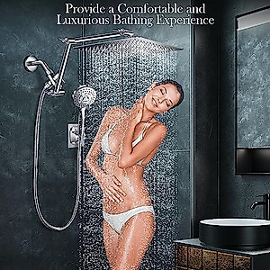 12'' Rain Shower Head Combo, High Pressure Rainfall Shower Head with 16'' Flexible Adjustment of Height/Angle Upgraded Extension Arm and 5 Setting Spray Handheld Shower Head, Anti-leak (Chrome)