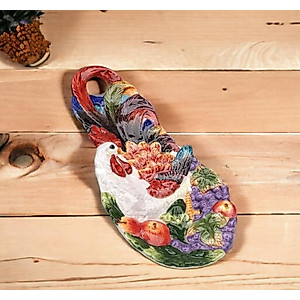 Fine Ceramic Colorful Farmhouse Country Rooster with Fruits Design Spoon Rest, 7 1/2" L