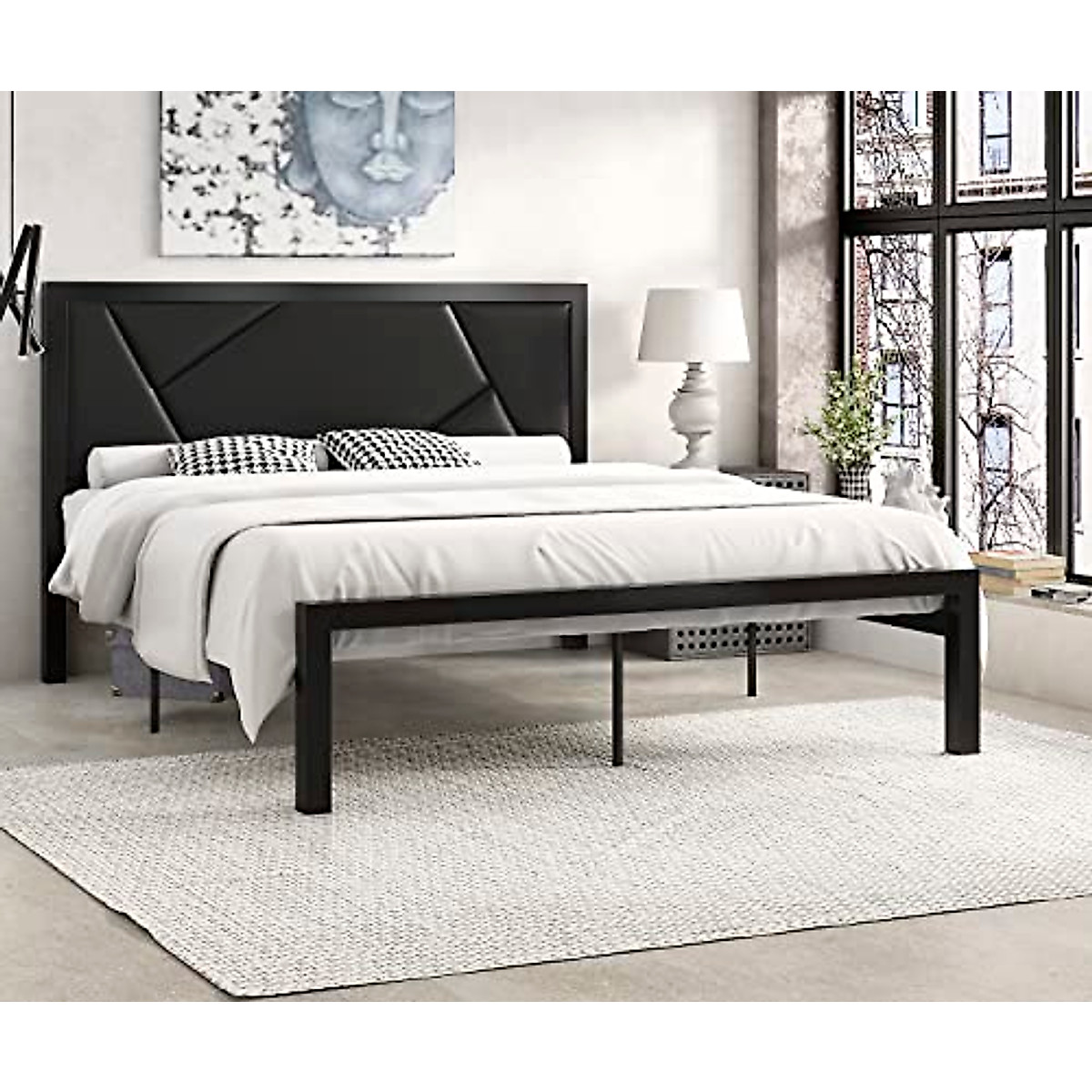 SHA CERLIN Modern Queen Size Metal Bed Frame with Geometric Litchi Grain Leather Upholstered Headboard, Platform Bed with 12" Under-Bed Storage Space, Metal Slat Support,No Box Spring Needed, Black