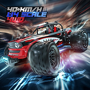 DEERC 1:14 Fast RC Cars with Colorful Led Lights,40KM/H High Speed Shark Remote Control Car,4X4 All Terrains RC Monster Truck,Waterproof Off-Road with 2 Batteries level indicator for Adults Boys