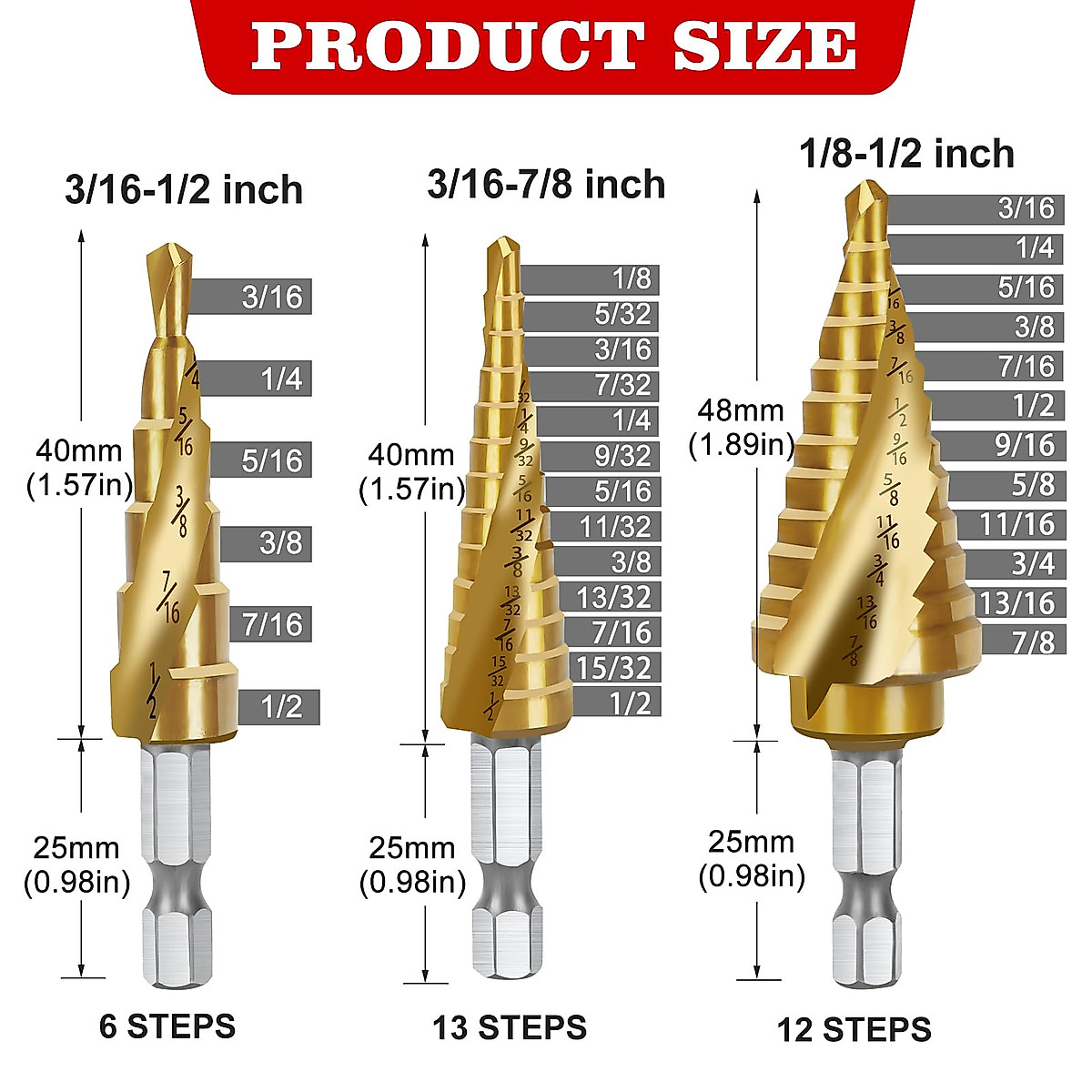 Step Drill Bit Set - 3 Piece High Speed Steel Spiral Grooved Step Drill Bit for Metal Sheet Aluminum Wood Hole Drilling, 1/4" Hex Shank Unibit Step Bit for Faster Drilling 31 Size Cone Step Drill Bits