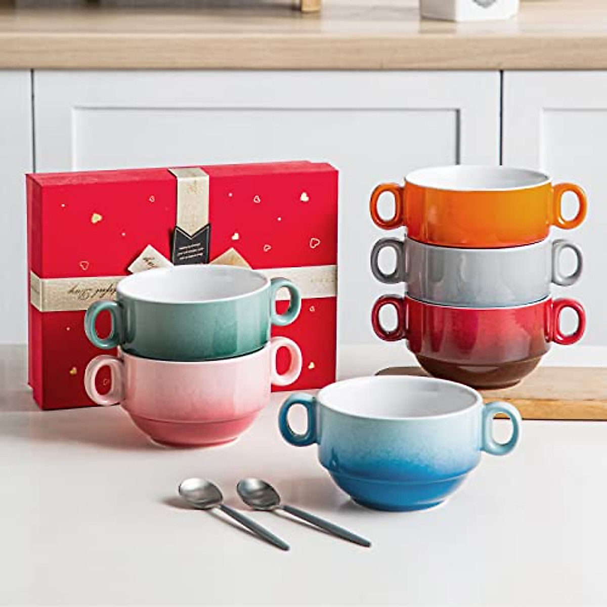 LOVECASA Multi-Color 13 OZ Soup Bowls with Handles, Ceramic French Onion Soup Bowls, Soup Mugs Serving Bowls for Kitchen, Microwave & Dishwasher Safe, Set of 6