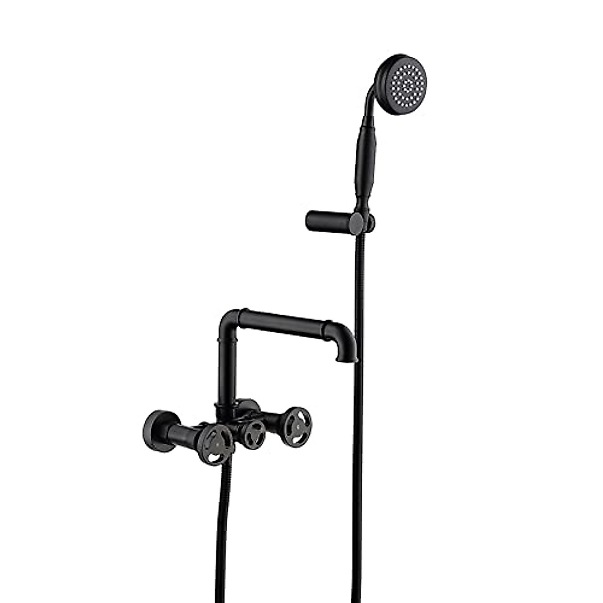 Yawhite Modern Industrial Pipe Wall Mounted Bathtub Filler Faucet with Hand Shower ,3-Handle Tub Faucet Swivel Spout Kit,High Pressure Rough in Valve Solid Brass Black