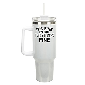 Elanze Designs It's Fine I'm Fine Everything's Fine 40 oz. Stainless Steel, Large Water Bottle Coffee Mug, Spill & Leak Resistant, Thermal Travel Tumbler with Handle, Lid & Straw, White Shimmer