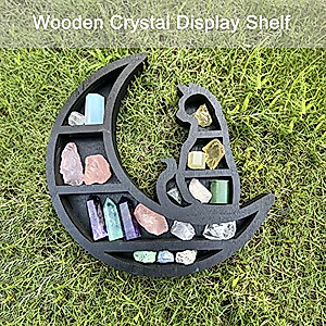 Neegaurd Cat on The Moon Crystal Wood Shelf, Wooden Crystal Display Shelf, Moon Shelf Black Cat Design Floating Moon Phases Shelf Gothic Witchy Room Decoration (Moon Cat)