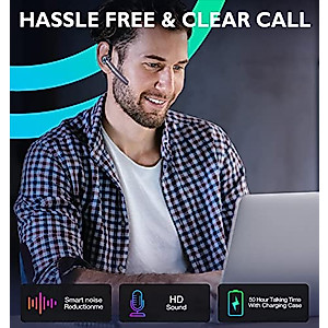 Eumspo Headset Wireless Earpiece 60Hrs Playback Built-in Dual Mic Noise Canceling Wireless Headset Earphone with 400mAh LED Charging Case for Business Office Trucker, Black