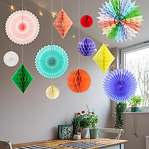 20Pcs Multi-Color Pastel Rainbow Paper Honeycomb Balls Fans Decoration Kit for Colorful Ceiling Decor Candy Birthday Party Baby Bridal Shower Wall Room Backdrop Decor Wedding Party Supplies