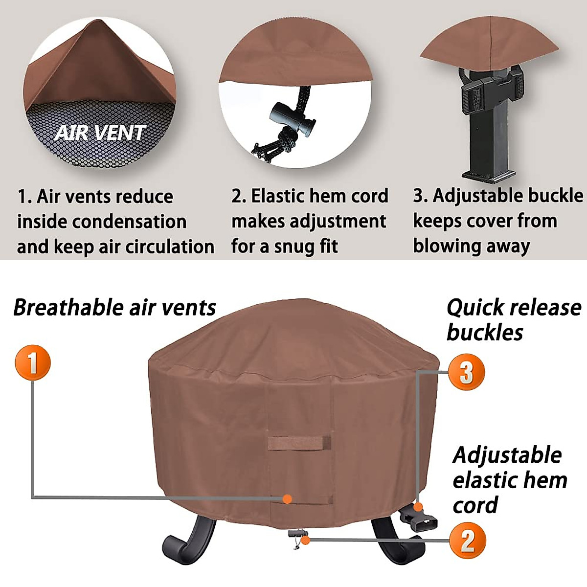 Gartree Fire Pit Cover Round 32'' DIA x 24'' H, Waterproof 600D Heavy Duty Gas Firepit Cover for 30-32 Inch Propane Fire Table Outdoor Fire Bowl with Air Vents Buckles, Brown