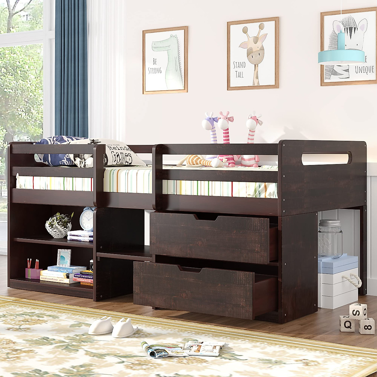 BIADNBZ Twin Size Low Loft Bed with Storage Drawers and Two Shelves, Solid Wood Kids LoftBed Frame for Boys Girls Bedroom, Antique Espresso