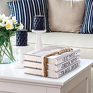 KHATEE Decorative Books for Home Decor - Cherry Blossom Design - Stacked Faux Books for Decoration with Rope & Beads - Rustic Farmhouse Decor for Table, Shelf, Mantel - 3-Piece White Book Decor Set