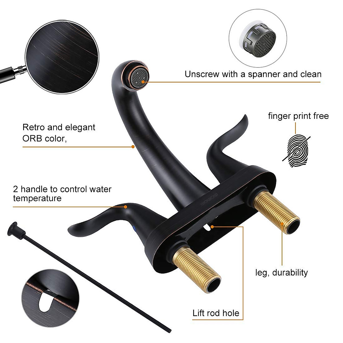WOWOW Bathroom Faucet 4 inch Centerset Oiled Rubbed Bronze Bathroom Sink Faucet Lift Rod Drain Assembly Stainless Steel Faucets for Bathroom Faucet Retro Lavatory Faucet
