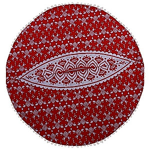 Maviss Home Floor Decor Round Mandala Pouf Cover | Floor Yoga Pillows Cover | Round Bohemian Meditation Cushion Cover | Round Pouf Cover | 32 Inch 80 cm Approx; Red Silver