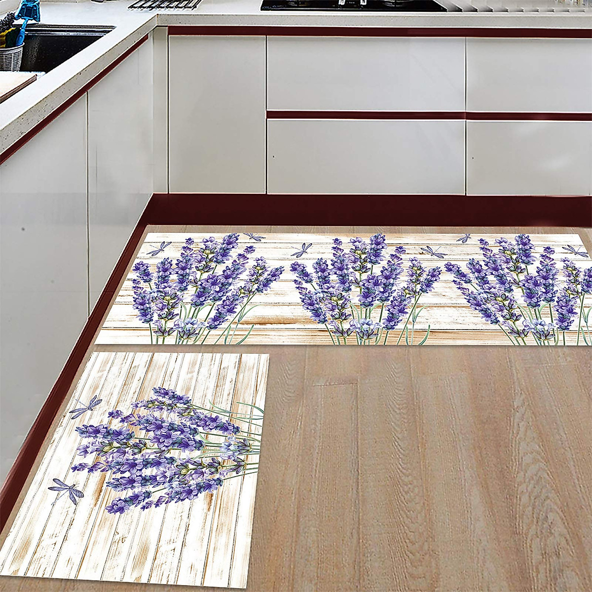 2 Pcs Kitchen Mats Runner Rug Set Anti Fatigue Standing Mat Rubber Backing Purple Lavender Dragonfly Print Washable Floor Mat Area Rug for Home/Office 19.7"x31.5"+19.7"x63"