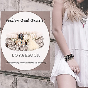 LOYALLOOK 8 Sets Bohemian Stackable Bead Bracelets for Women Stretch Multilayered Boho Stackable Bracelets Stack Beads Multicolor Beaded Strand Bangle Charm Bracelets Boho Tassel Bracelet Set Handmade
