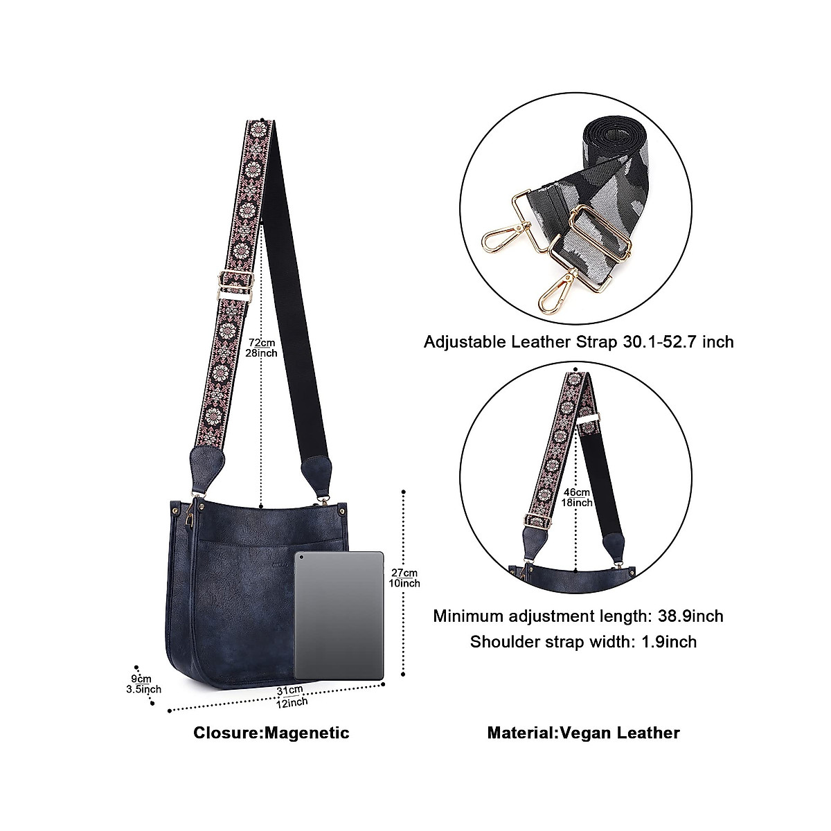 Caitina Crossbody Bags For Women Vegan Leather Hobo Handbags Designer Crossbody Purses Bucket Bag For Women with 2PCS Adjustable Strap(Blue Black)