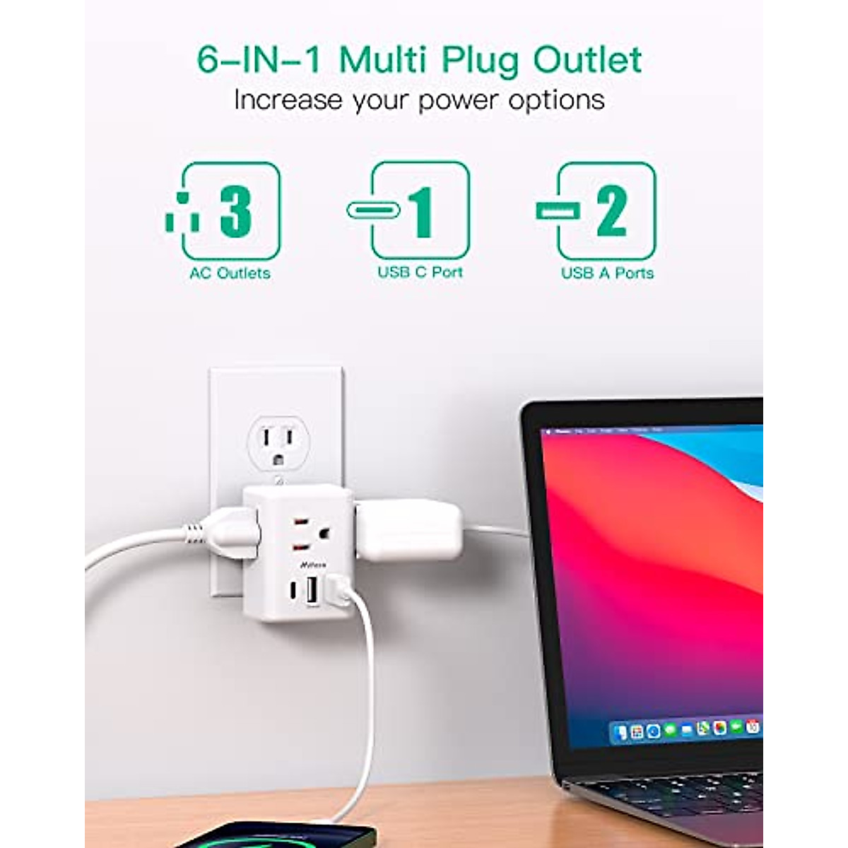 Outlet Extender Multi Plug Outlet - USB Wall Charger with 3 USB Ports (1 USB C), No Surge Protector Cruise Essentials for Ship and Travel, ETL Listed