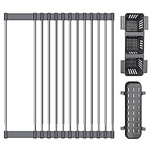 BUILOG Roll Up Dish Sink Drying Rack Extra Large Expandable to 22.9'',Stainless Steel Over Rolling up Mat Dish Drying Rack with 2 Storage Basket Holders for Kitchen Dishes Fruits