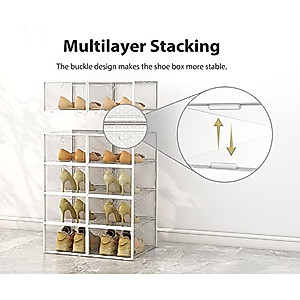 Pinkpum Large Shoe Storage Boxes 12 Pack, Clear Plastic Stackable Shoe Organizer for Closet, Sneaker Storage Shoe Containers Bins Stackable with Lids, Fit up to Women's Size 12 (Large)