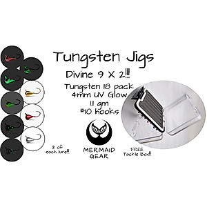 Tungsten UV Glow Ice Fishing Jigs - Divine 9 X 2=18 Pack Plus Free Tackle Box Case Included 4mm 1.1gm #10 Hook Lure Bait Walleye Crappie Panfish Trout