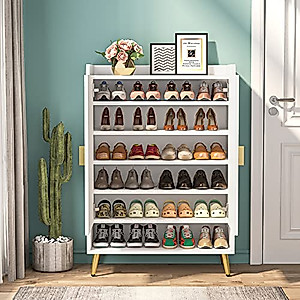 LITTLE TREE Shoe Cabinet, 24 Pair Shoe Cabinets with Doors & Adjustable Shelves, 7-Tier Modern Shoe Racks Storage Organizer for Entryway, Living Room, Bedroom, White + Gold