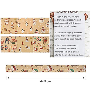 RUSPEPA Christmas Kraft Wrapping Paper Santa Claus Xmas Theme Elements Great for Christmas, Birthdays, Holiday, Baby Shower - 6 Sheets Packed as 1 roll - 17.5 x 30 inches per Sheet