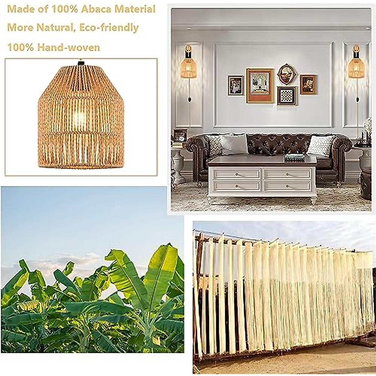 ZECOXOL Rattan Wall Sconce Boho Decor Plug in Set of Two Wicker Lamp with Cord Dimmable Woven Hanging Lamps That Into Outlet Rustic Light for Bedroom Living Room Black 001