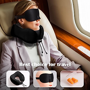 Travel Pillow 100% Pure Memory Foam Neck Pillow, Breathable & Machine Washable Cover, Neck Support Pillow with 3D Contoured Eye Mask, Earplugs & Portable Bag for Airplane Travel (Black)