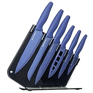 Nutriblade Knife Set with Block by Granitestone 6-Piece Professional Kitchen Chef’s Knives Ultra Sharp Stainless Steel Blades and Nonstick Granite Coating, Easy-Grip and Dishwasher-safe (Blue)