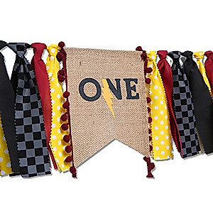 WAOUH Lightning Banner For 1st Birthday - High Chair Banner For First Birthday Decorations, Rag Tie Fabric Garland, Photo Booth Props, Birthday Souvenir And Gifts(Yellow Red And Black)