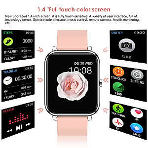 EBAKIN Smart Watch Fitness Tracker 1.4 inch Full-Touch Screen IP67 Waterproof Blood Pressure Heart Rate Blood Oxygen Multi-Sport Fashion Smartwatch(Pink)