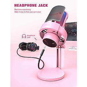 FIFINE USB Streaming Gaming Microphone, PC Condenser Desktop Mic for Video, Home use, YouTube, with RGB Control, Gain Knob, 3.5mm Headphone Jack, Shock Mount, on Computer/PS5-AmpliGame A8 Pink