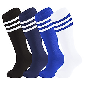 DOOVID Kids Toddler Soccer Socks Girls Boys Knee High Tube Socks Sport Uniform Stockings Black White, Navy, Royal Blue, White Blue