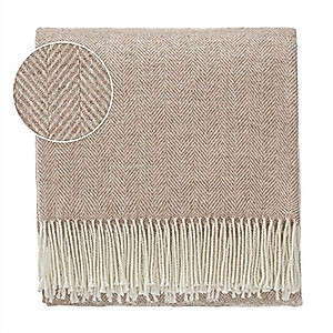 URBANARA 50% Alpaca Wool 50% Merino Wool Throw Corcovado 51x67 Light Brown/Off-White with Fringe — Blanket with Decorative Herringbone Weave Design — Perfect for Your Couch, Sofa, Bed, Chair