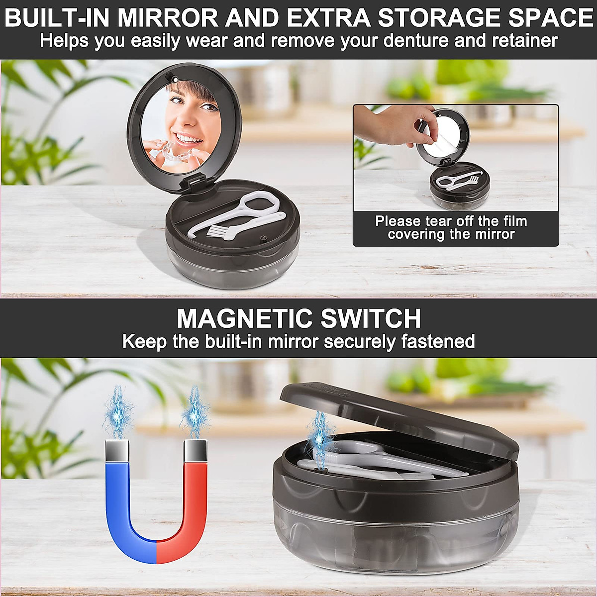 Denture Case, Leak Proof Denture Bath Case Cup Kit for Travel Cleaning, Denture Holder Box Bath Soaking Container for Women & Men with Mirror, Strainer, Removal Tool and Denture Brush(Grey)