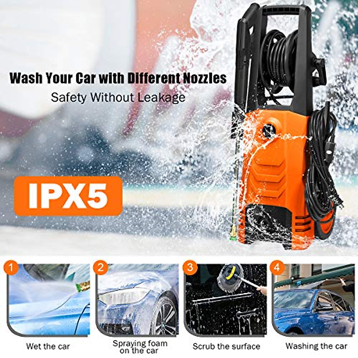 Goplus 3500PSI Electric Pressure Washer, 2.6GPM 1800W Portable High Power Washer Machine w/4 Nozzles for Car Fence Patio Garden Cleaning (Orange)