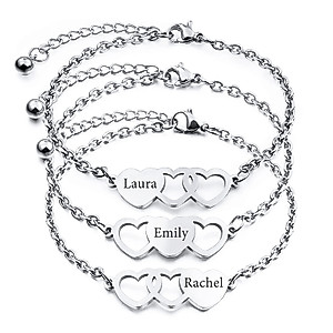 INBLUE 2～3 PCS Personalized Heart Shape Bracelets Set Best Friend Name Customized 1～3 Names for Women Friendship BFF Bracelets for 2～3 Sisters (Silver 3 pcs)